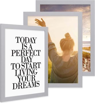 Photolini Bilderrahmen 30x40 Holz MDF Silber 3er Set, breite Rahmen 30x40 mit Acrylglas, picture frame 30 x 40 zum Aufhängen, Bilderrahmen 40x30 cm plus Zubehör