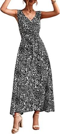 Minetom Robe Longue Femme Été Bretelles Imprimé Boho Robe De Plage Deep V Robes De Soleil Grande Taille Casual Soirée Chic Cocktail J Noir XL