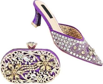Generic Escarpins à talon et sac pour femme avec strass pour fête mariage, violet, 42.5 EU