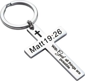 Roar Schl&uuml;sselanh&auml;nger Christlich - Kreuz mit Bibelvers Gravur - Silberfarben (Matthew 19:26)