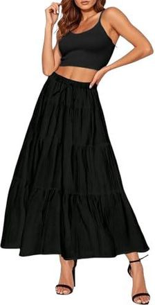 Generic Jupe longue d&eacute;t&eacute; pour femme - Grandes tailles - Couleur unie - Jupe midi l&eacute;g&egrave;re et a&eacute;r&eacute;e - Avec cordon de serrage - Jupe pliss&eacute;e en coton - Jupe trap&egrave;