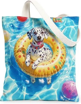 Generic Sac fourre-tout amusant en toile motif chien dalmatien pour faire du shopping, 33 x 38,1 cm, sac &agrave; bandouli&egrave;re r&eacute;utilisable pour femme, peinture danim