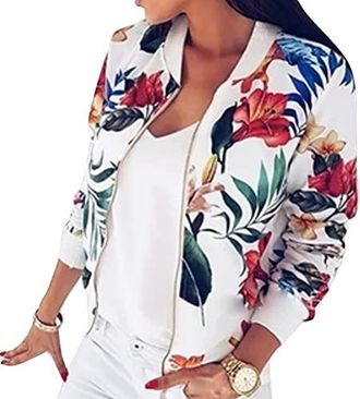 TOMWELL Blouson Bomber Femme Mode Manteau Rétro Biker Moto Zipper Court Fleur Imprimer Veste Chic Printemps Automne À Manches Longues A Blanc01 38