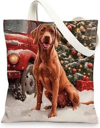Generic Christmas Vizsla Sac fourre-tout en toile r&eacute;utilisable pour faire du shopping, 33 x 38,1 cm, motif camion de No&euml;l, chiot - Sac d&eacute;picerie r&eacute;utilisable 