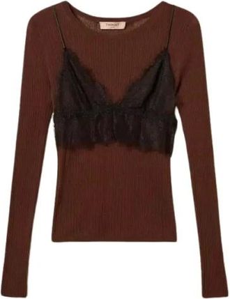 Twinset Femme, Tops, Brun, Taille: 36 FR Mailles fines en coton-soie transparente avec caraco en dentelle