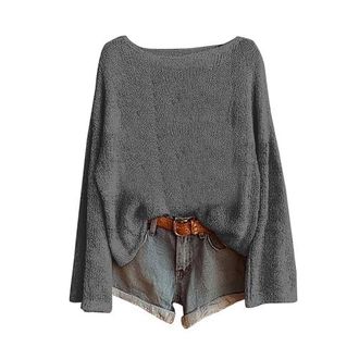Generic Pull en tricot pour femme, uni, décontracté, col rond, manches longues, pull confortable pour le salon, lautomne et lhiver, pull ample pour femme, hau