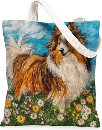 Generic Sac fourre-tout en toile motif chien de berger des Shetland pour le shopping, 33 x 38,1 cm, sac d&eacute;picerie r&eacute;utilisable pour femme, sac d&eacute;picerie r&eacute;uti