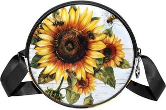 Generic Sac &agrave; bandouli&egrave;re rond pour femme, motif tournesol, abeilles, petit sac &agrave; bandouli&egrave;re avec fermeture &eacute;clair, bretelles r&eacute;glables, sac &agrave; main rond d&eacute;co