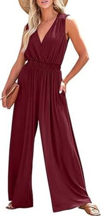 Onsoyours Combinaison Femme Élégant Festif Long Overall Sans Manches Jumpsuit Décontractée Taille Haute Jambes Larges Pantalon Business Romper De Vacances Plage