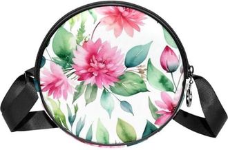 Generic Petit sac &agrave; bandouli&egrave;re circulaire pour femme, motif feuilles florales, sac &agrave; dos avec fermeture &eacute;clair, bretelles r&eacute;glables, sac &agrave; main rond d&eacute;contra