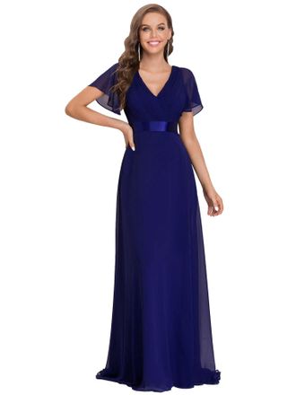 Ever-pretty Damen A-Linie Chiffon Brautjungfernkleid V Ausschnitt Chiffon Hochzeit Bodenlang Abendkleid K&ouml;nigsblau 38EU
