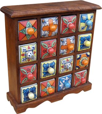 Guru Shop Apothekerschränkchen mit Bunten Keramik Schubfächern, Gewürzkiste - 4x4 Fächer, 32x32x10 cm