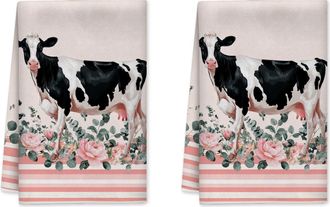 Generic K&uuml;chent&uuml;cher mit Kuhmotiv, rustikale Rosen, Gr&uuml;n, Schwarz, zum Trocknen der K&uuml;che, 40,6 x 61 cm, 2 St&uuml;ck