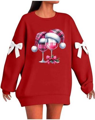 Generic Pull de Noël tendance décontracté surdimensionné à manches longues avec noeud papillon mignon pour femme, imprimé arbre de Noël pailleté, flocon de ne