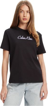 Calvin Klein Damen T-Shirt Kurzarm Classic Logo Tee aus Baumwolle, Schwarz (Black), S