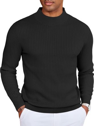 Coofandy Herren Pullover Stehkragen Winterpullover Gerippter Rollkragenpullover Warm Strickpulli Ribbed Mock Neck Sweater Schwarz XXL