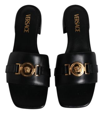Versace Womens Logo Plaque Leather Slide Black