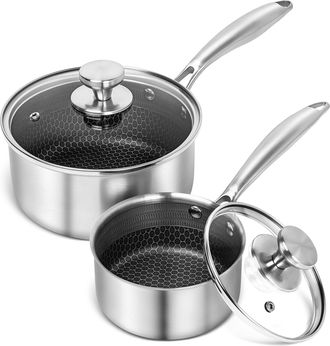 Michelangelo Edelstahl Kochtopf-Set 1L & 2L | Premium 3-lagige T&ouml;pfe mit Glasdeckel | Induktionsgeeigneter Milchtopf & Saucepan mit Antihaft-Wabenboden (4-teilig)