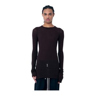 Rick Owens Homme, Tops, Brun, Taille: L T-shirt &agrave; Manches Longues et Col Rond en Maille C&ocirc;tel&eacute;e