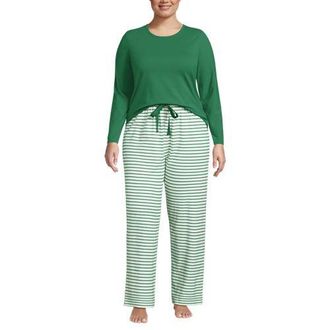 Lands End Gemustertes Pyjama-Set aus Baumwoll-Jersey, Damen, Gr&ouml;&szlig;e:48-50 plus, Wei&szlig;, Elasthan/Baumwoll-Mischung, by Lands End