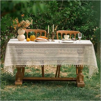 Generic Boho Gehäkelte Spitzen Tischdecke, Geometrisch Gestreifte Vintage Tischwäsche mit Quasten, für Küche Esszimmer Wohndekor(140x260cm(55x102in))