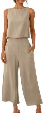 Generic Tenue 2 pi&egrave;ces pour femme avec haut sans manches et pantalon longueur genou avec poches, ensemble de d&eacute;tente assorti 2 pi&egrave;ces pour l&eacute;t&eacute;, kaki, 3XL