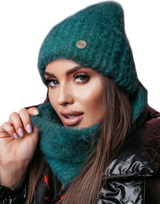 morefaz Winter Damen Set aus M&uuml;tze und Halsw&auml;rmer-Schal. Warm mit zus&auml;tzlichem Wollanteil Strickm&uuml;tze (Green)