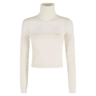 Elisabetta Franchi Femme, Pulls, Blanc, Taille: 40 FR Top Col Roul&eacute; en Maille avec Logo Bijou
