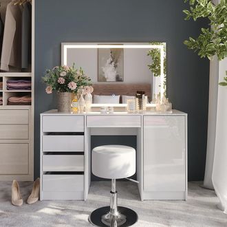 Vicco Schminktisch Sherry, Weiß/Weiß Hochglanz, 128.2 cm mit LED-Spiegel und Hocker