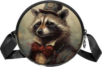 Generic Sac &agrave; bandouli&egrave;re rond pour femme, motif raton laveur, style vintage, avec fermeture &eacute;clair, bretelles r&eacute;glables, sac &agrave; main rond d&eacute;contract&eacute; pour fem