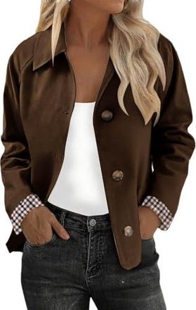 Generic Trench-coat court pour femme, doublure à carreaux, simple boutonnage, confortable, veste courte, coupe-vent, vêtement dextérieur décontracté, manteau 
