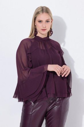 Ulla Popken Longbluse Cape-Bluse Chiffon Stehkragen Schal