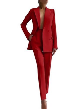 Generic Tenue deux pi&egrave;ces pour femme : blazer &agrave; double boutonnage et pantalon &agrave; jambe droite, look d&eacute;contract&eacute; &eacute;l&eacute;gant, rouge, XXL