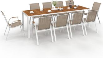 IDMarket Salon de jardin NOUMEA table 240 cm plateau verre tremp&eacute; effet bois et 10 chaises empilables blanc et bois