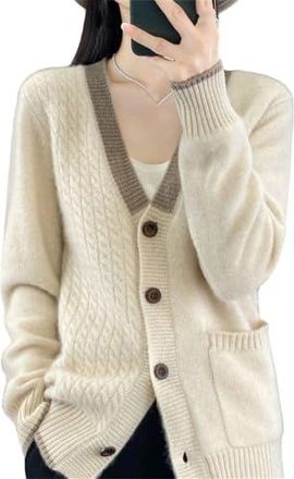 Generic Cardigan dhiver 100 % laine pour femme - Pull &eacute;pais tricot&eacute; &agrave; manches longues - Haut basique d&eacute;contract&eacute;, Yan Rong Beige, Taille XS