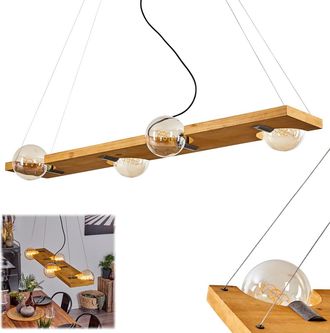 HOFSTEIN Pendelleuchte Santorum, Vintage Pendellampe aus Metall/Holz in Altsilberfarben/Natur, Leuchte im Retro Design mit verstellbarer Höhe max. 151 cm, 4-fl