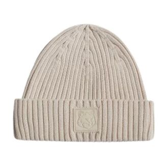 Maison Kitsun&eacute; Homme, Accessoires, Beige, Taille: ONE Size Bonnet avec &eacute;cusson en cuir T&ecirc;te de Renard Audacieuse