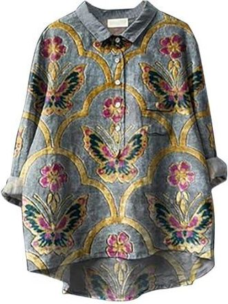 Generic Chemisier Femmes Coton Et Lin Chic D&eacute;contract&eacute; Chemises D&eacute;t&eacute; &Agrave; Manches Longues Col V L&acirc;che Tops L&eacute;ger Respirant Tunic Mode Coton Et Lin Chic Et Elegan