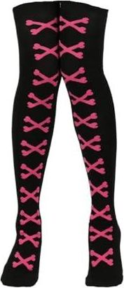 Generico Chaussettes hautes &agrave; la cuisse &agrave; imprim&eacute; os, chaussettes longues noires blanches roses pour femmes, 2 roses Red Black, Taille Unique