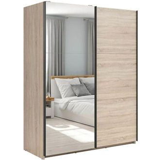 PEGANE Armoire coulissante avec miroir coloris ch&ecirc;ne Sonoma - Longueur 220 x Profondeur 60 x Hauteur 195,5 cm