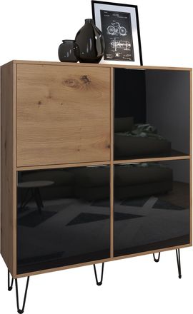 Vladon Highboard Havana V2, Kommode mit 4 Türen und 8 geschlossenen Fächern, Kommode Made in Germany, Eiche Evoke/Schwarz Hochglanz (104 x 124 x 35 cm)