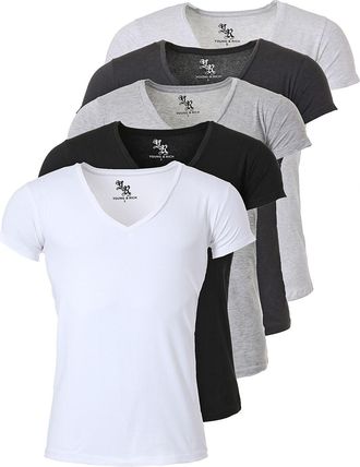 Young & Rich Herren Uni T-Shirt mit extra tiefem V-Ausschnitt Slimfit Stretch Dehnbare Passform einfarbiges Basic Shirt - 5er Pack, Gr&ouml;sse:XL, Farbe:Wei&szlig;/Schwarz/G