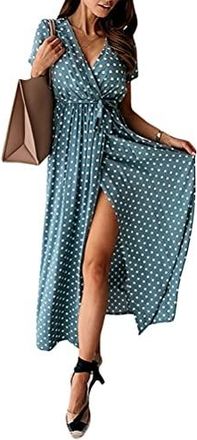 ORANDESIGNE Robe Femme Chic et Elegant Sexy Robe Longue Ete Fluide à Pois Col en V Manche Courte Vintage Bohème Casual Robe Soirée Fendu Cocktail Dress Robe De Pl