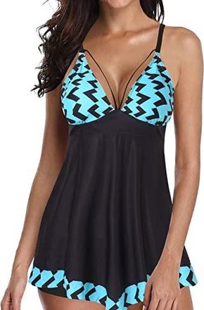 Generic Tankini pour femme - Contr&ocirc;le du ventre - Grande taille - Maillot de bain 2 pi&egrave;ces - Vintage - Taille haute - Dos nu - Bas de bikini pour femme, bleu,