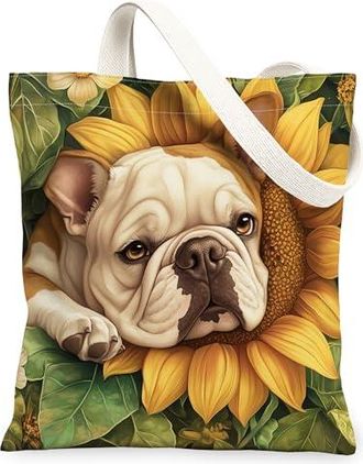 Generic Sac fourre-tout en toile avec motif de bouledogue printanier pour le shopping, 33 x 38,1 cm, sac d&eacute;picerie r&eacute;utilisable pour femme, motif floral, anim