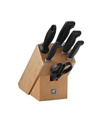Zwilling Vier Sterne Messerblock, 7-teilig, Holzblock Buche, Messer, Wetzstab und Schere, Rostfreier Spezialstahl/Ergonomischer Kunststoff-Griff, Schwarz [Made