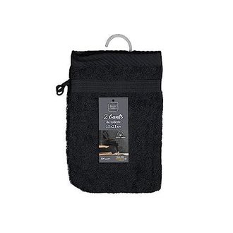 Douceur d'Intérieur 2 Gants de Toilette (15 x 21 cm) Tendresse Noir, Eponge Unie 100% Coton