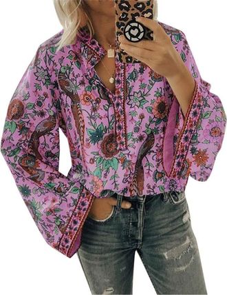 ORANDESIGNE Damen Vintage Bohemian Blusen Hippie Blumen Bluse Boho Tunika Elegante Oberteile Tops Langarm Shirt A Violett 3XL