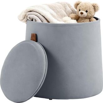 HOMCOM Pouf Coffre Rangement, Tabouret Rond avec Couvercle r&eacute;versible, Pouf Repose-Pieds en Tissu Velours givr&eacute;, pour la Chambre &agrave; Coucher, entr&eacute;e, Salon, Ch