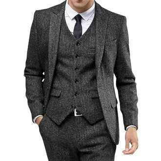 Generic Costume r&eacute;tro en tweed 3 pi&egrave;ces pour homme - En laine &agrave; chevrons - Coupe ajust&eacute;e - Coupe ajust&eacute;e - Style formel et d&eacute;contract&eacute;, Noir, 4XL